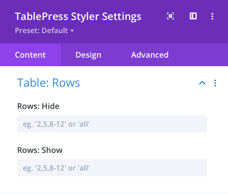 Table: Rows - Content Tab - TablePress Styler - Docs - Divi-Modules